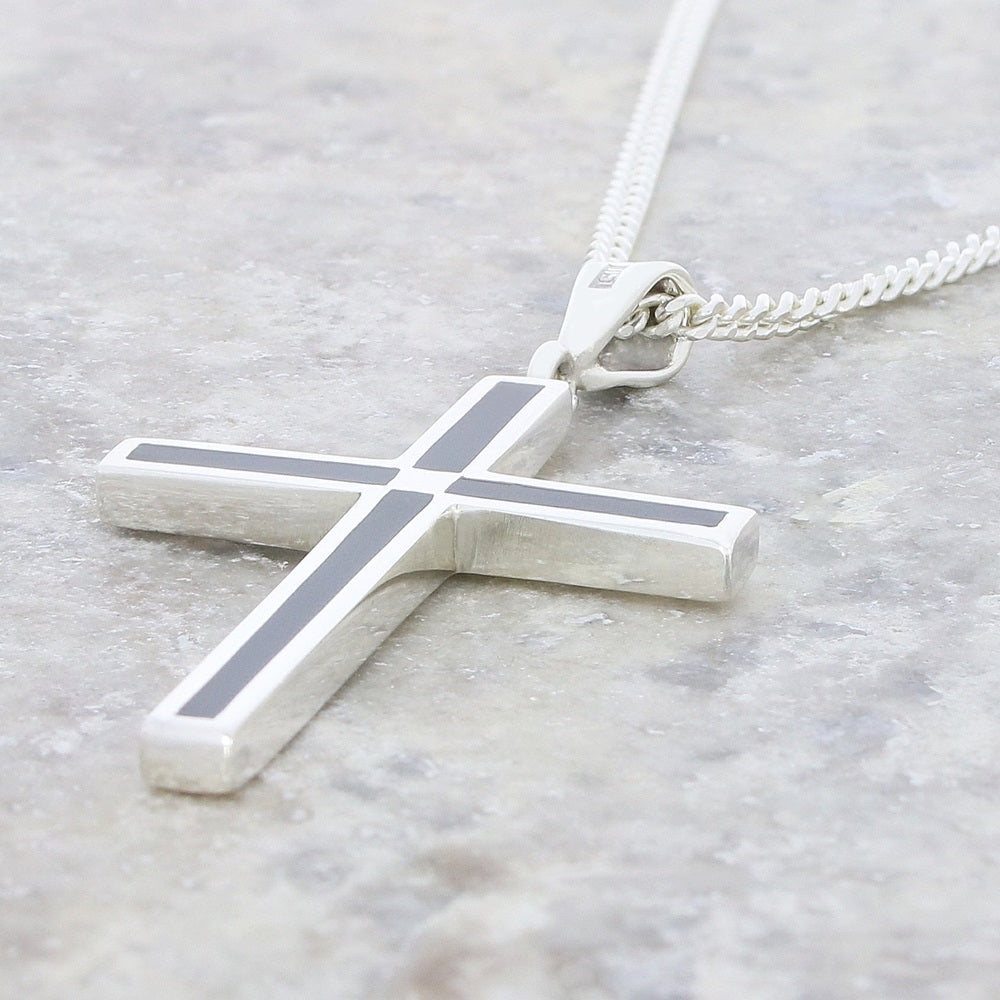 Whitby Jet Sterling Silver Cross Pendant and Chain | H&H Jewellers ...